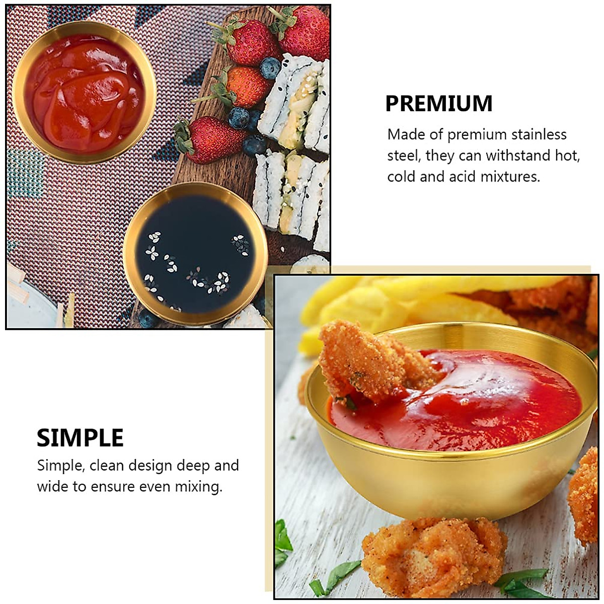 BESTonZON Sauce Dish 8pcs Golden Dipping Bowls, Stainless Steel Dip Soy Sauce Dishes & Bowl, Multipurpose Side Dish for Sauce, Condiments, Sushi, BBQ - Chip and Dip Serving Bowl Set