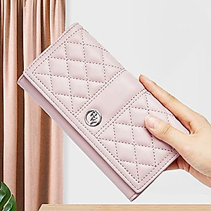 Felomdep Womens Wallet Medium Size Trifold Rfid Blocking Soft PU Leather Large Capacity Long Pink Shopping Wallet For Lady Travel Document Accessories Holder For Passport,Credit Card,Vaccine Card etc
