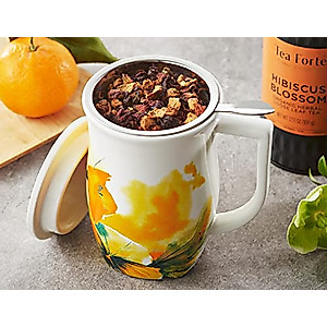 Tea Forte Fiore Ceramic Tea Mug with Infuser and Lid, Wild Poppy, 14 oz. Ceramic Cup with Handle for Steeping Loose Leaf Tea, Dishwasher & Microwave Safe