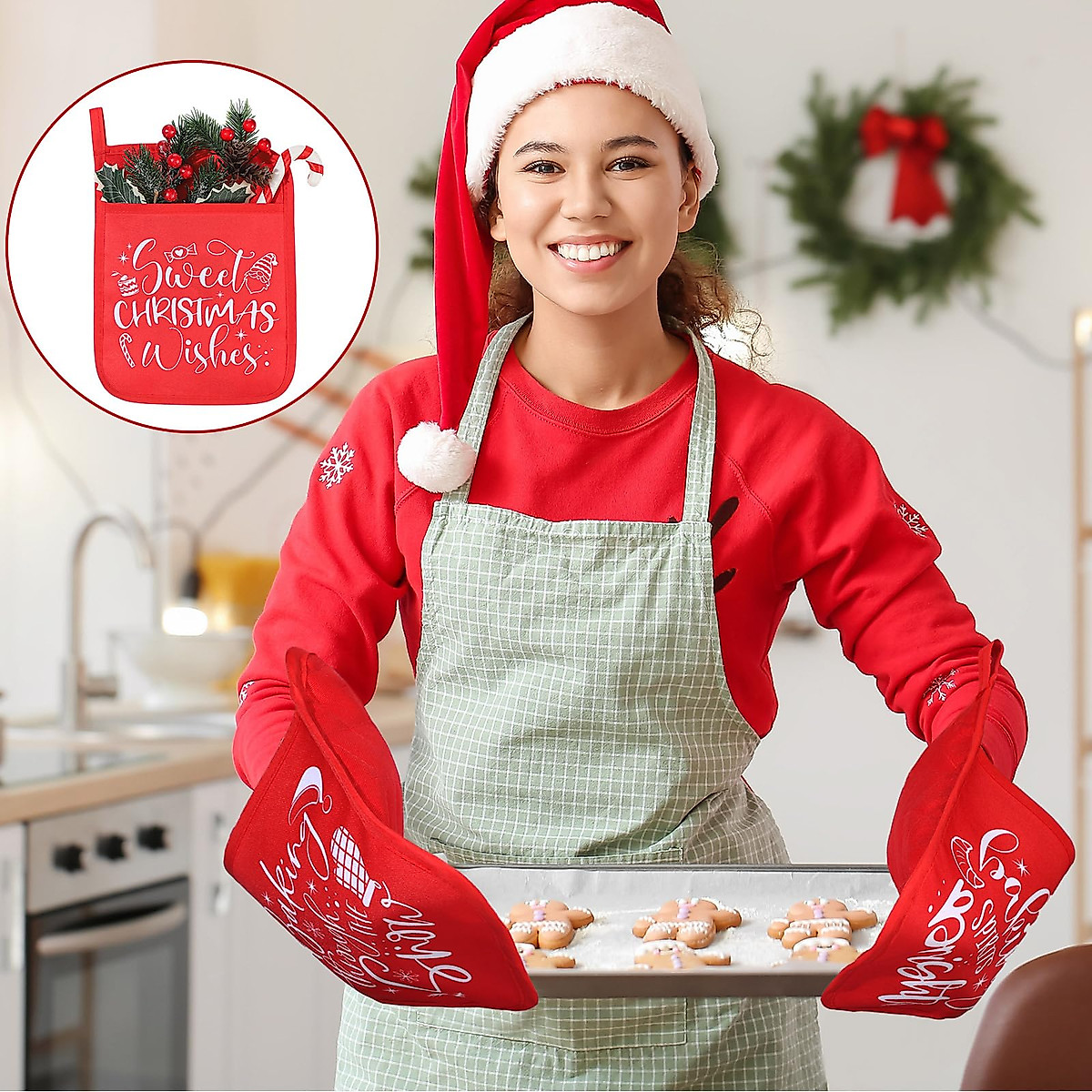 Yaomiao 10 Pcs Christmas Pot Holders with Pocket Fall Pot Holder Potholder Gift Hot Pads Heat Resistant Oven Mitts Cookie Bag for Kitchen Baking Cooking (Red, Green,Simple)