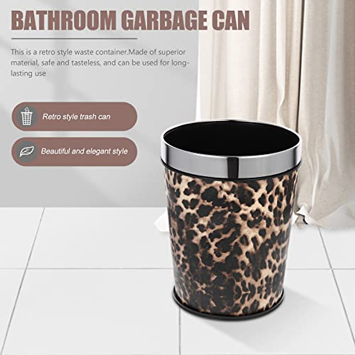 Kitchen Waste Bins Waste Basket Round Trash Can Retro Waste Basket Small Waste Paper Basket 5L Bathroom Garbage Bin Leopard Dustbin for Home Office Living Room Trash Cans Recycling Bin