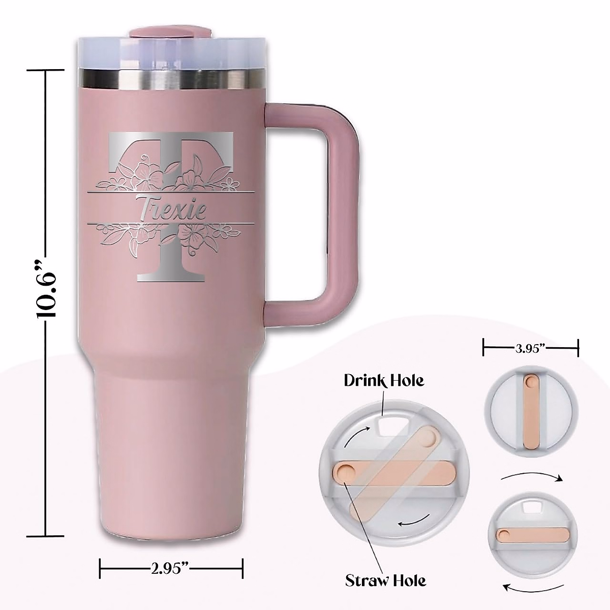 Customized Engraved Personalized 40oz Insulated Tumbler Cup Mug with Handle and Straw, Custom Name Text Logo Laser Engraving Birth Flower Monogram Gift (Initial Monogram with Custom Text)