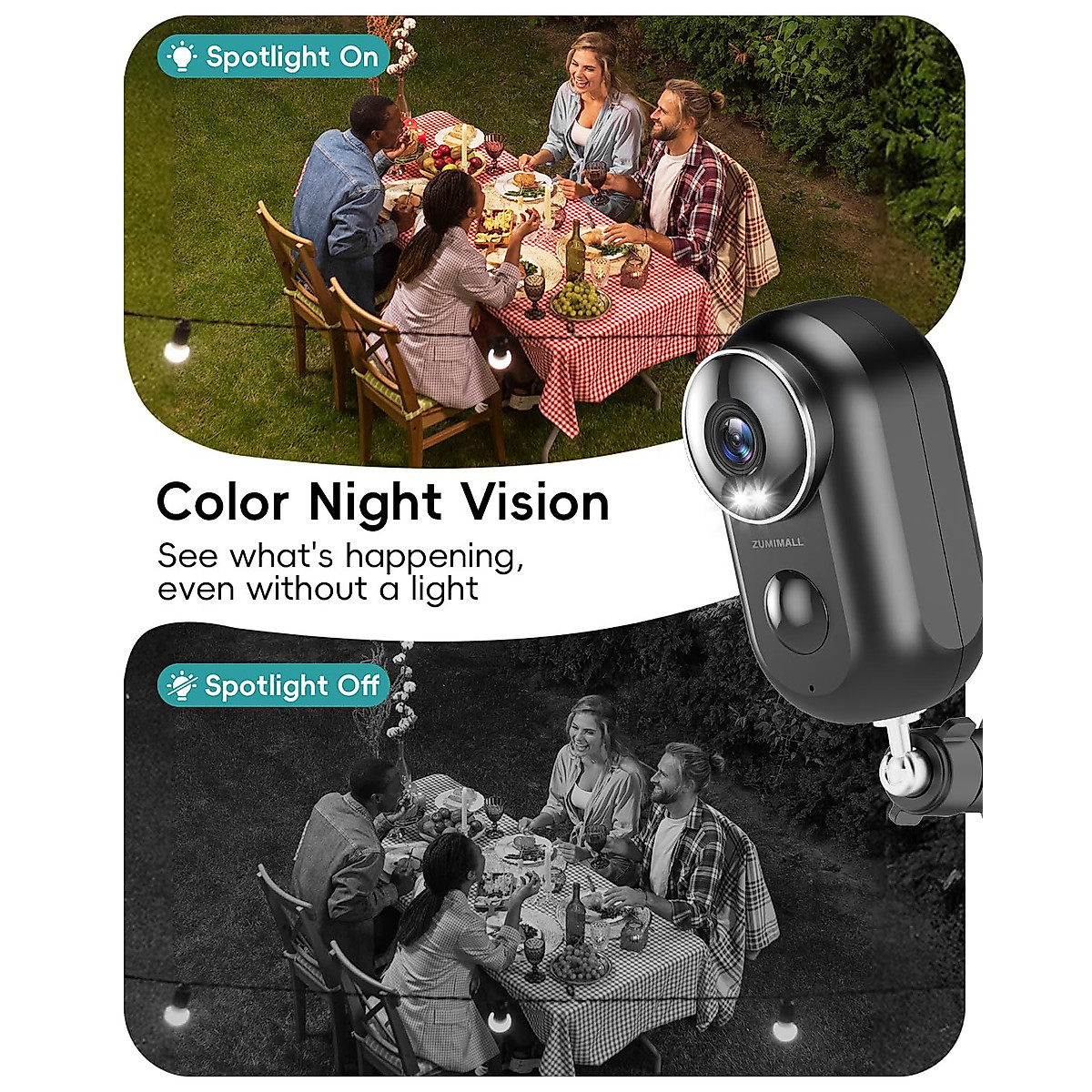 ZUMIMALL Outdoor Security Cameras, 2K FHD Battery Powered Wireless Indoor Surveillance Camera with Siren, Night Vision, PIR Motion Detection, Free Cloud Storage, IP66 Waterproof, 2.4G WiFi (No 5G)