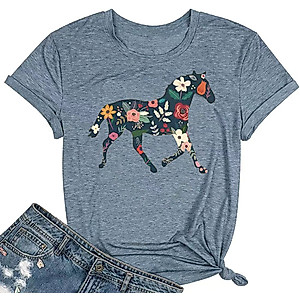 Womens Summer Horse Printed T-Shirt Funny Cute Animal Graphic Tees Tops(54-Light Blue,M)