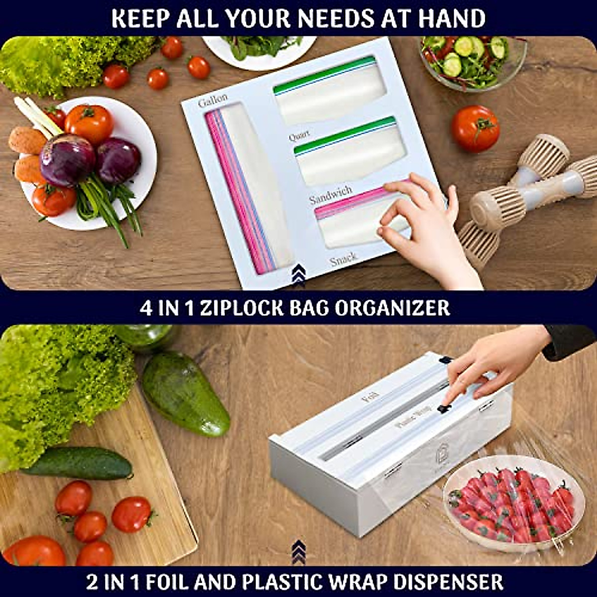 Ziplock Bag Organizer Bamboo, 6 in 1 Foil and Plastic Wrap With Cutter for Kitchen Drawer Compatible with Gallon, Quart, Sandwich and Snack Size Bags & 12" Rolls