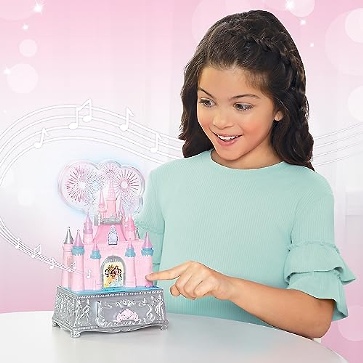 Disney Princess Jewelry Box for Girls Disney 100th Celebration Princess Castle Keepsake Jewelry Box with Music & Firework-Like Light Show, Plays Song “A Dream Is a Wish Your Heart Makes”