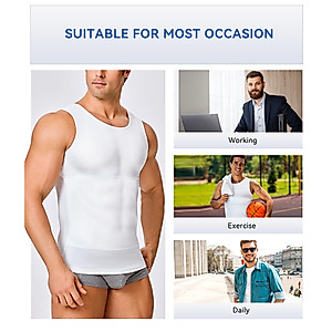 Mens Compression Shirt Workout Tank Tops Slimming Body Shaper Vest Abs Abdomen Undershirts (White, Small)