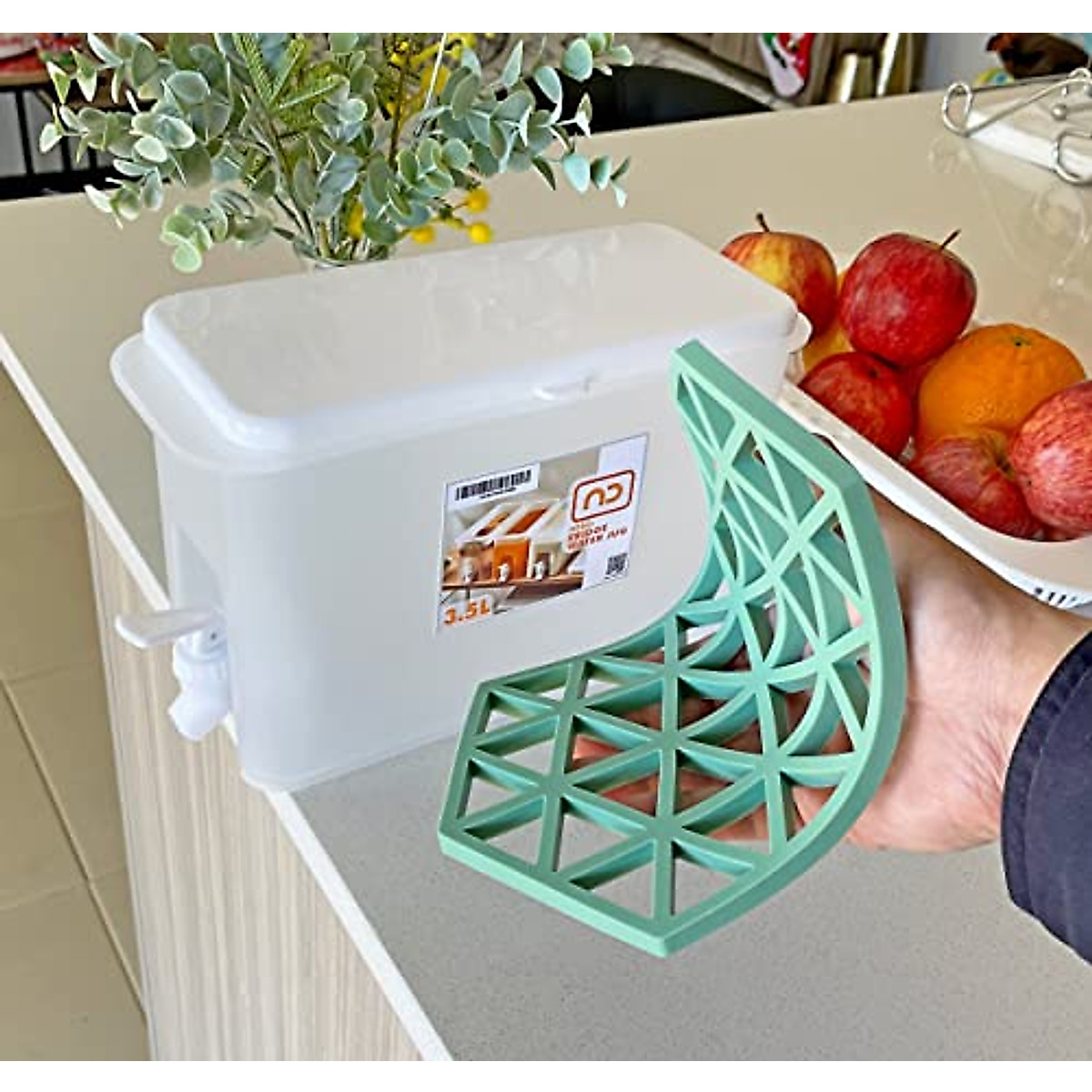 NDBOX Slim Drink Dispenser for Fridge with Spigot and Large Silicon Trivet - Spacesaver 0.92Gal Container (White Jug 1pc + Silicone Trivet)