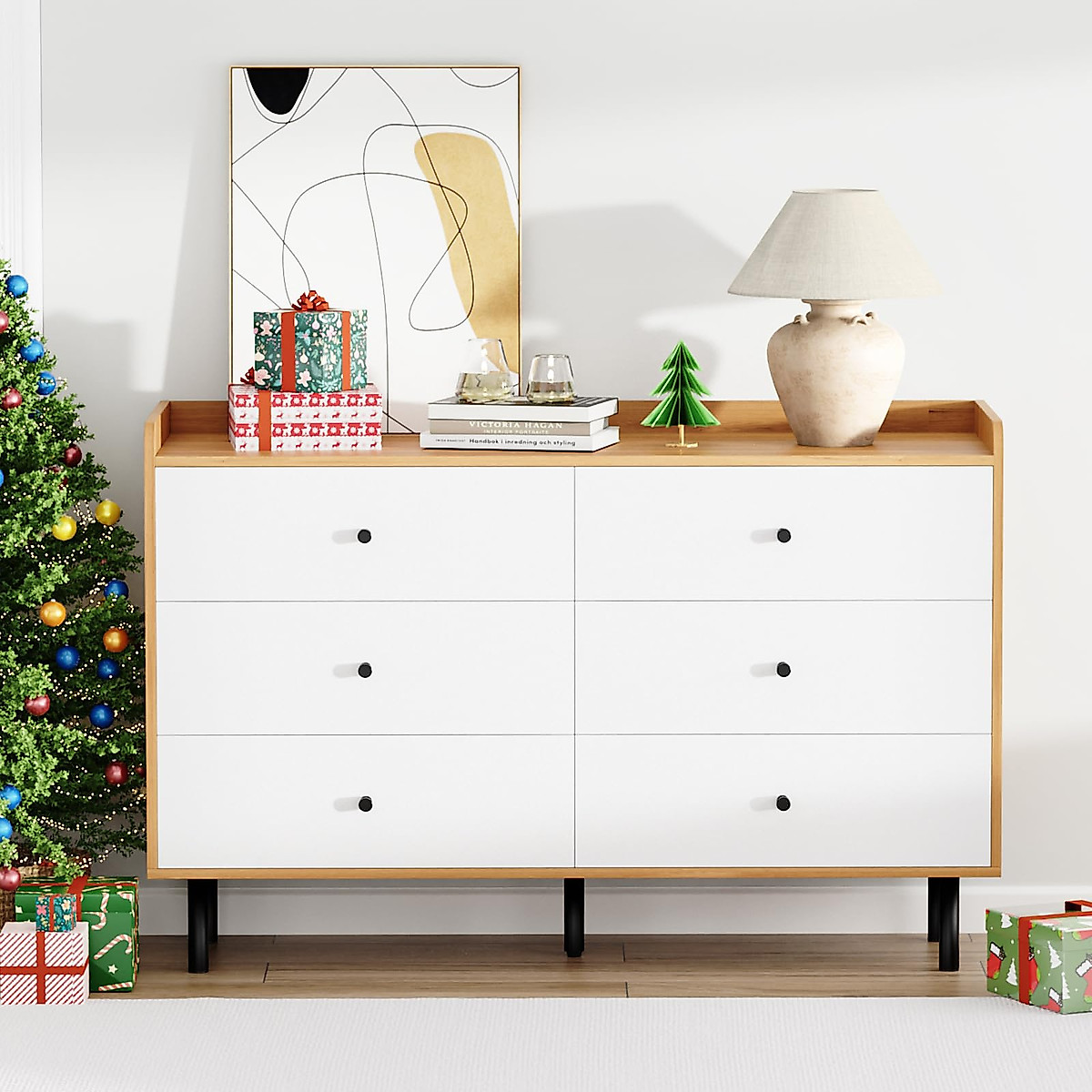 MAISONPEX Dresser for Bedroom with 6 Drawers and Metal Handle,Sturdy Frame Modern Bedroom Furniture, Chest of Drawers, White Dressers with Drawers for Closet Hallway, Living Room, Entryway