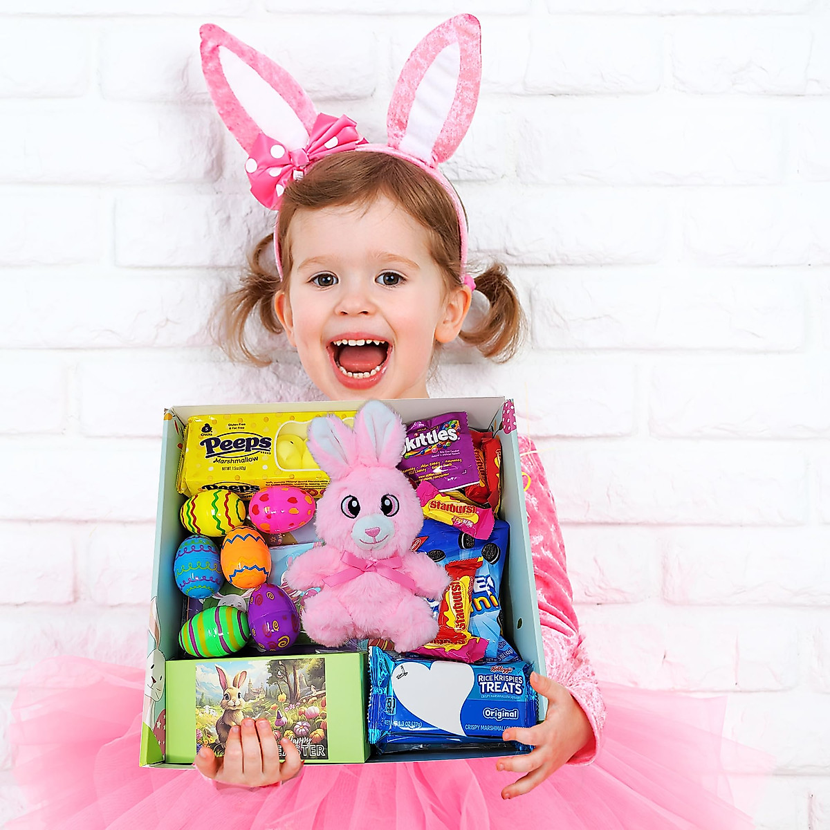 Easter Care Package for Kids - Prefilled Complete with Toys & Candy, Pre-made Basket Fillers Stuffed Box, Boys, Girls, Adults, teens,toddler, Premade Easter Baskets, (Pink Bunny)