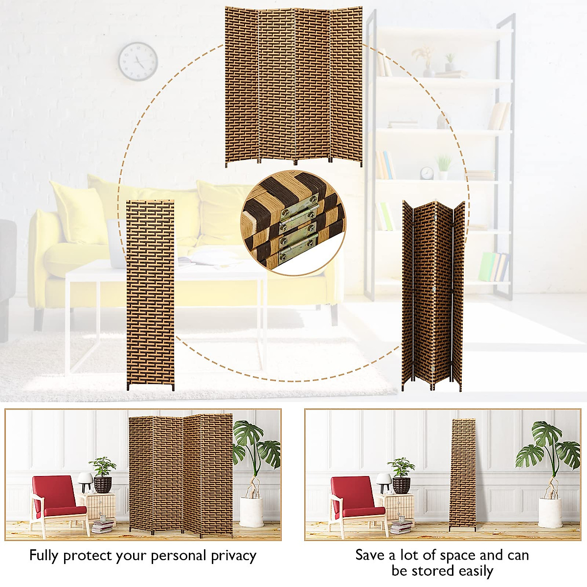 Giantex Room Divider, 6 Ft 4 Panel Handmade Rattan Room Divider, Wood Folding Screen Room Separating Divider, Freestanding Small Boho Room Dividers