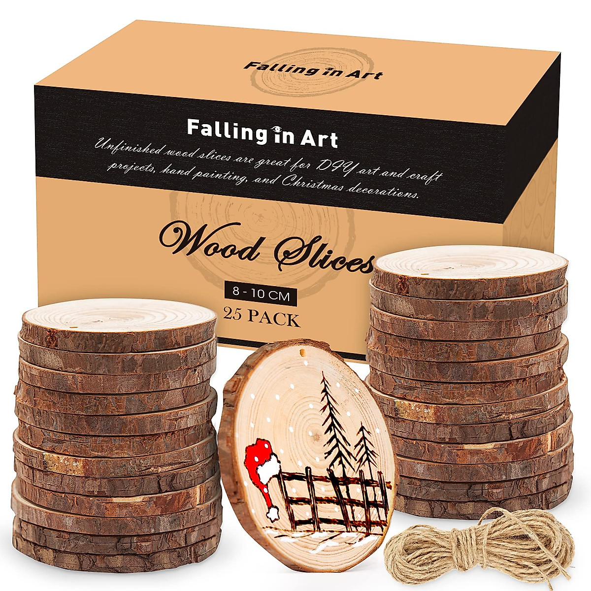 Falling in Art 3.1-4 Inches Natural Wood Slices Set for Crafts - 25Pcs Round Wood Discs with Pre-drilled Hole for DIY Projects, Christmas Ornaments and Wedding Decoration