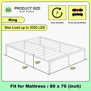 Cieemine 12 Inch White King Size Bed Frame, Heavy Duty King Size Platform Bed Frame, Mattress Foundation, No Box Spring Needed, Easy Assembly, Noise-Free