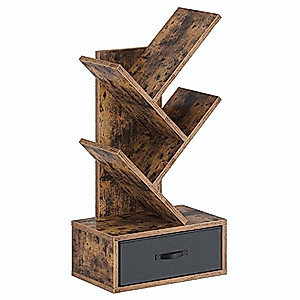 Rolanstar Bookshelf with Drawer, 3 Shelf Tree Bookshelf, Desk Bookshelf for CDs/Movies/Books, Utility Organizer Shelves for Living Room, Bedroom, Home Office