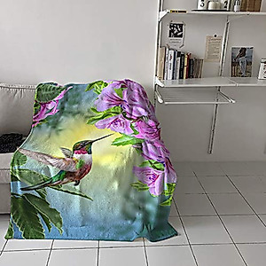 Greeeen Plush Fleece Throw Blanket | Fuzzy, Soft, Warm, Cozy, Reversible Blanket for Bed Couch Sofa Chair Travel- 39" x 49", Purple Flowers and Hummingbirds Spring Theme