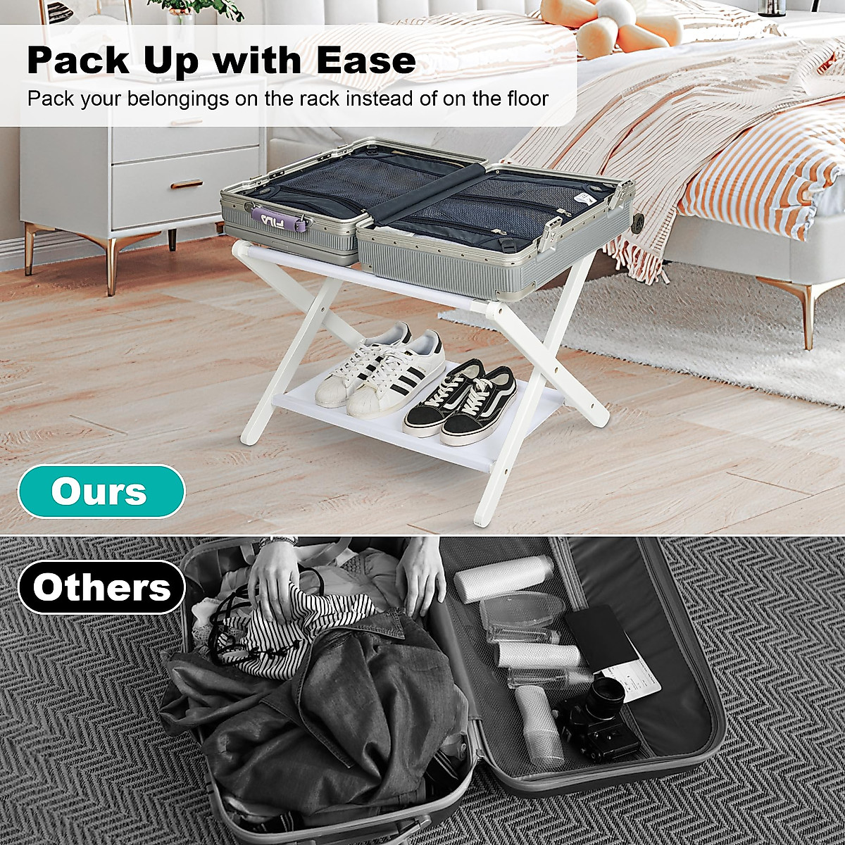 VASMIA Luggage Rack, Folding Suitcase Stand with Storage Shelf,Bamboo Luggage Stand for Guest Room,Bedroon and Hotel,Holds up to 131 lb,Fit Most Luggage Size,White