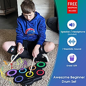 ROCKSOCKI Electric Drum Set, 7-Pad Kids Electronic Drum Set with Headphone Included, Roll-up Drum Practice Pad, Great Holiday Xmas Birthday Gift for Kids