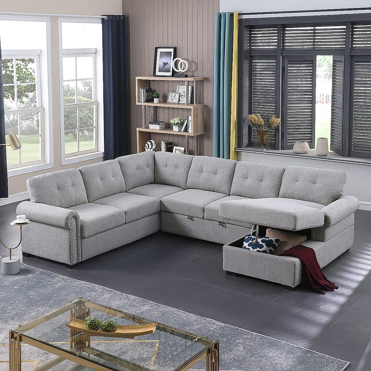 Sleeper Sofa with Pull Out Couch 6 Seater Modular Sectional Sleeper Sofa Bed with Storage Chaise, Fabric Sofa Sleeper Couch with Pullout Bed