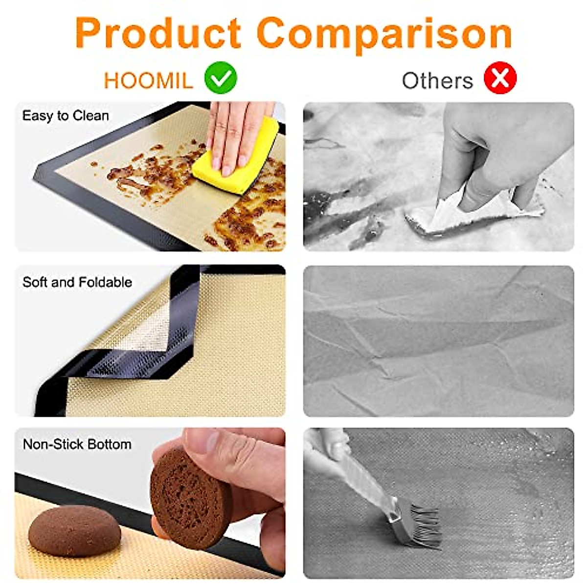 Silicone Baking Mat - HOOMIL Set of 3 Reusable Silpat Baking Mats, Heat Resistant Food Grade Half Sheet Cooking Mats for Cookies, Macarons, Bread and Pastry