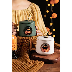 DIHOclub Adorable 3D Ceramic Pumpkin Head Mug with Lid and Spoon - Perfect for Coffee, Tea, Milk, and More - Ideal Gift for Halloween - 14 Ounces (HalloweenG)