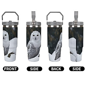 BWQJKUO Large Capacity Car Cup 30 Oz Stainless Steel Snow Owl Printed Travel Mug Leak-proof Flip Straw Tumbler with Handle,keeps Cold Or Ho