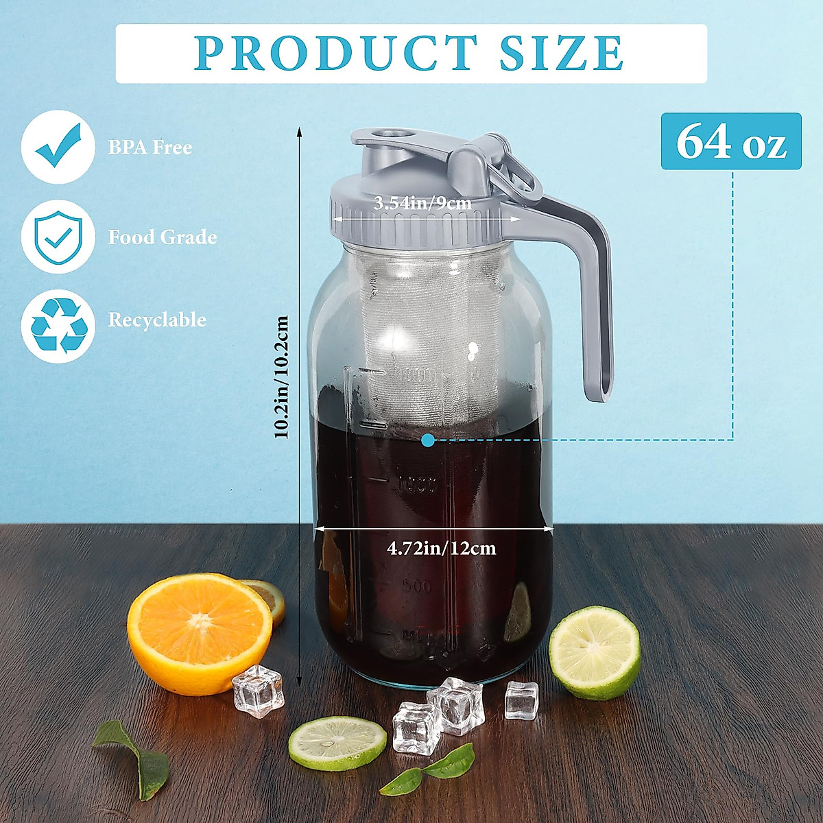 Enrimyee Cold Brew Coffee Maker, Mason Jar Pitcher, Heavy Duty Soda Lime Glass w/Stainless Steel Mesh Filter & Flip Cap Lid for Iced Coffee, Ice Lemonade, Fruit Drinks, Sun Tea - 64 oz