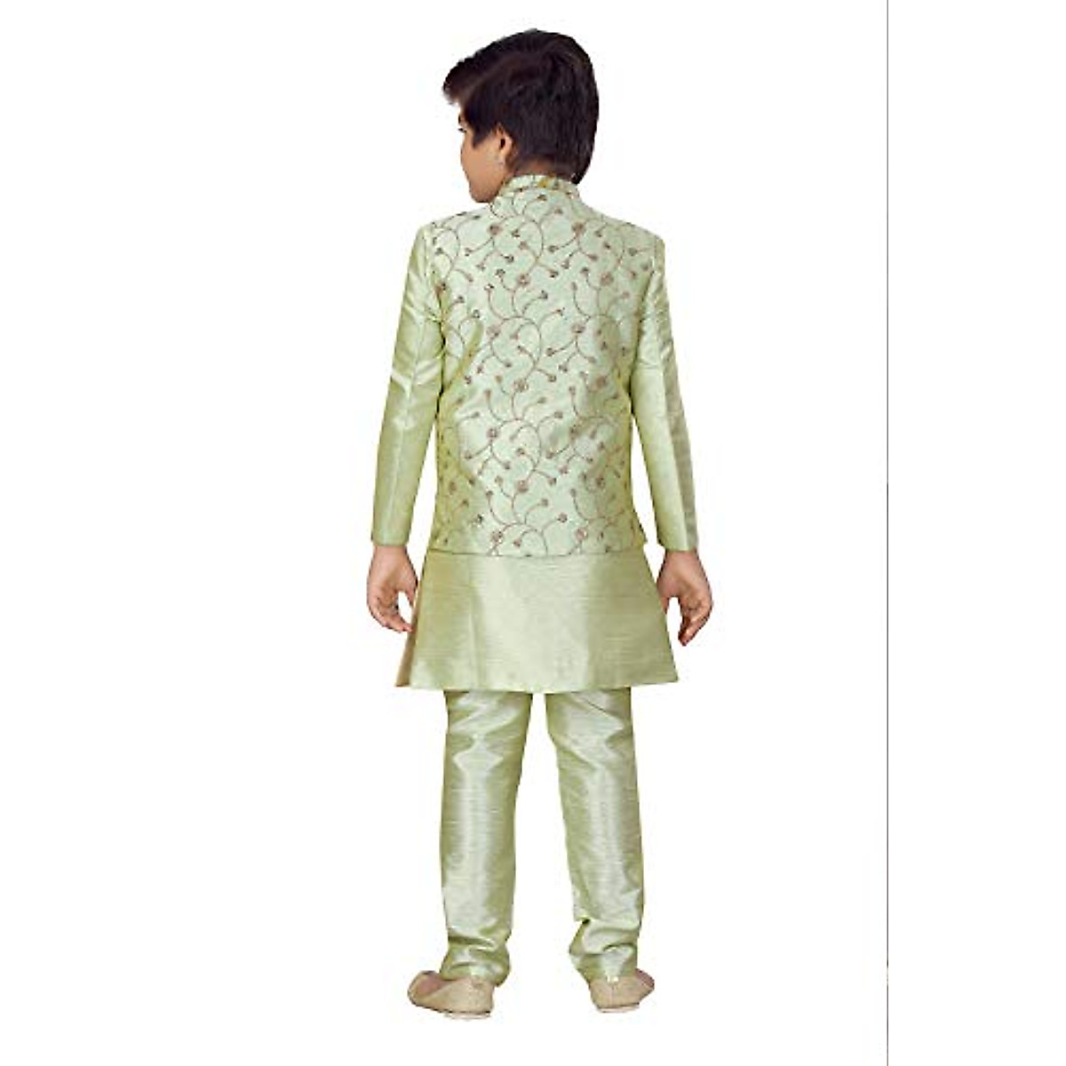 AHHAAAA Kids Ethnic Banarasi Silk Waistcoat Kurta Pajama Set for Boys Green