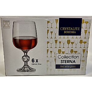 Czech Bohemian Crystal Glass Wine Glasses 8oz./230ml. Set of 6 "Sterna" Vintage Design Elegant Stem Goblets Wine Champagne Wedding Birthday Housewarming Anniversary