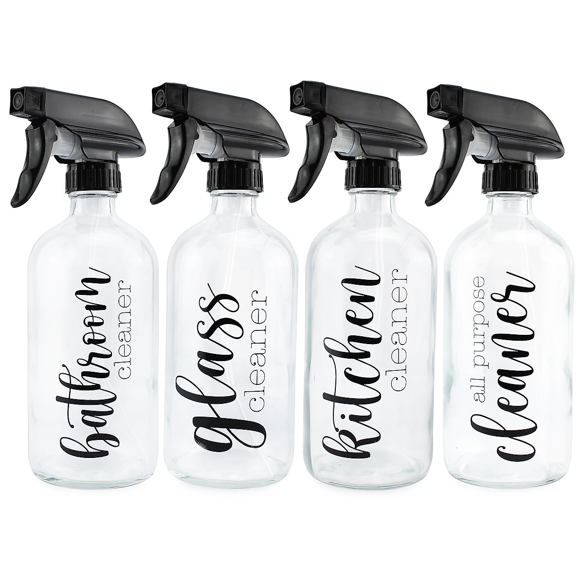 Cornucopia Brands Cleaning Spray Bottles Set, Glass (Set of 4, 16-Ounce); Refillable Trigger Sprayers w/Mist/Stream Settings and Farmhouse Script