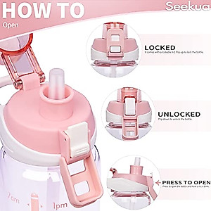 Seekua 32 oz Sports Glass Water Bottle with Straw and Time Marker, Large Resuable Motivational Glass Drinking Bottle for Infused Water, Fruit, Smoothie, Coffee