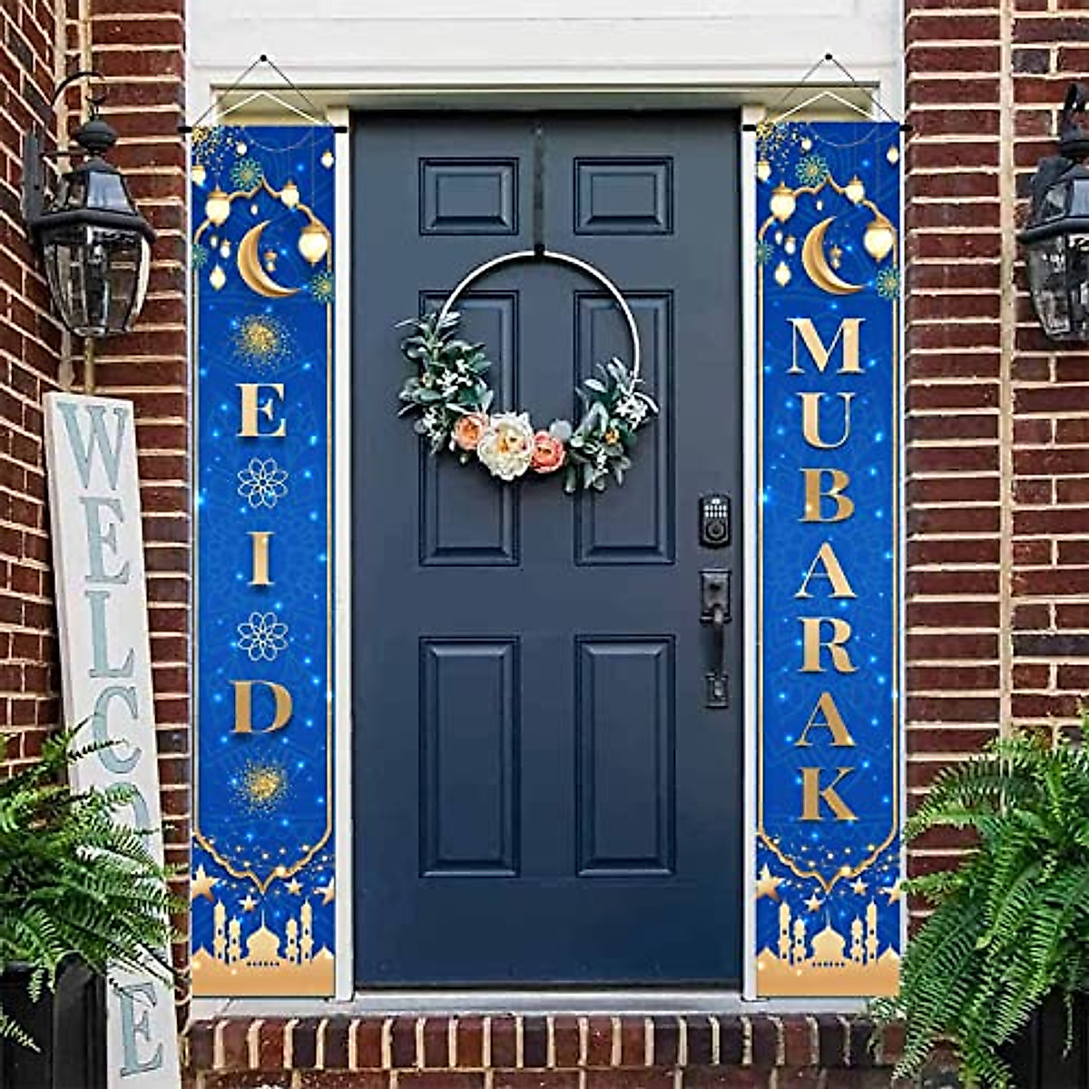 Eid Mubarak Porch Sign Banner Ramadan Mubarak Hanging Decoration, Eid Mubarak Banner Front Door Hanging Sign Indoor/Outdoor Decorations