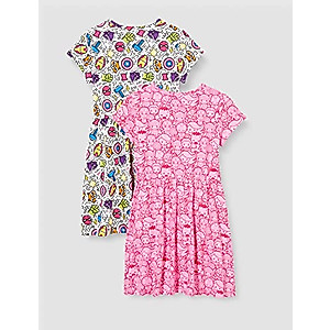 Amazon Essentials Disney Star Wars | Frozen | Princess Girls' Knit Short-Sleeve Cinch-Waist Dresses (Previously Spotted Zebra), Pack of 2, Pink Marvel, Small
