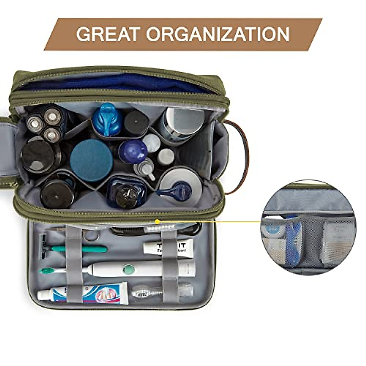 BAGSMART Toiletry Bag for Men, Canvas Travel Toiletry Organizer Dopp Kit Water-resistant Shaving Bag for Toiletries Accessories,Green-Large