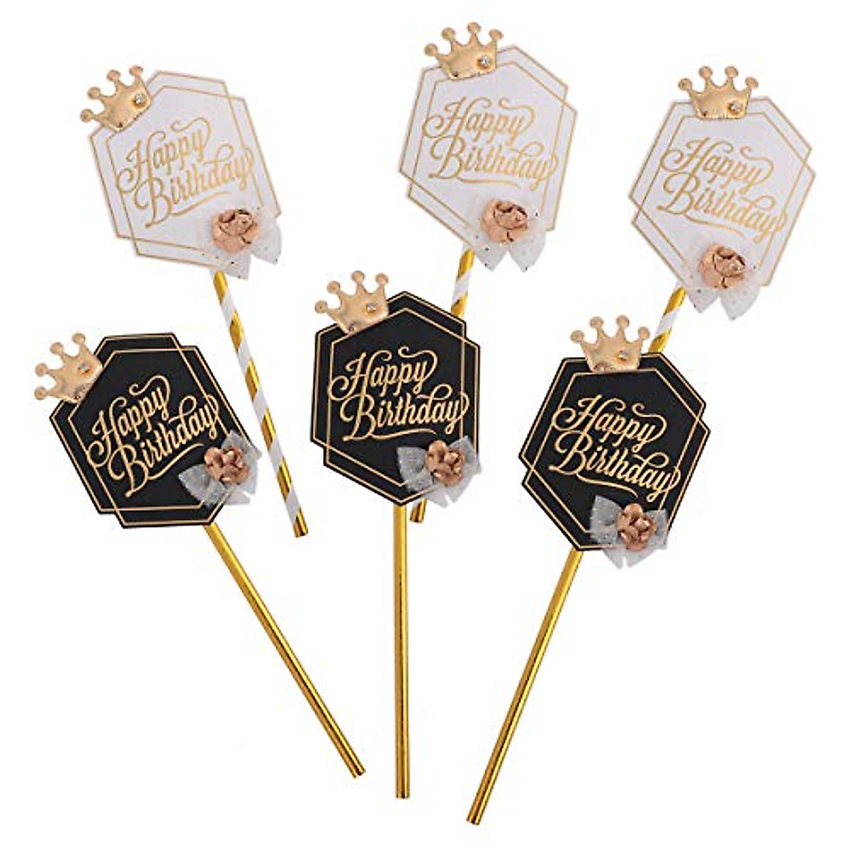 Amosfun Crown Cake Toppers Hexagon Cake Inserts Elegant Cupcake Decor Party Supplies (White+ Black) for Party Cake Decortion