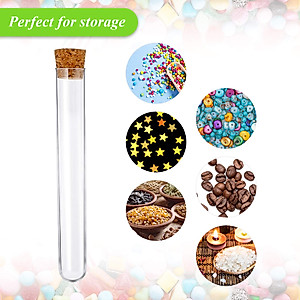Weewooday 20 Pieces Plastic Test Tubes with Cork Stoppers and 2 Funnels, 1 Brush for Halloween Science Party, Christmas Candy Bath Salt Storage Containers (15 x 100 mm, 10 ml)