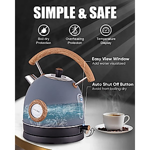 Retro Electric Kettle, 1.7L / 1500W Electric Tea Kettles for Boiling Water, Wood Pattern Handle Blue Stainless Steel Hot Water Boiler with Temperature Display, Auto Shut-off Boil-Dry Protection