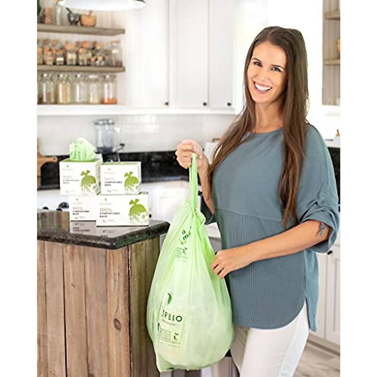 SUPERBIO 13 Gallon Compostable Handle Tie Tall Kitchen Garbage Bags, Heavy Duty Food Scrap Trash Bags Certified by BPI Meeting ASTM D6400 Standards, Eco-Friendly and Convenient, 30 Count