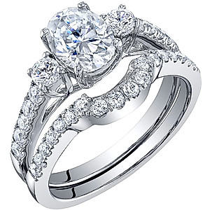 PEORA Moissanite Oval Cut Engagement Ring and Wedding Band Bridal Set in Sterling Silver, 1.50 Carat Center, DE Color, VVS Clarity, Size 7.5