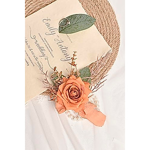 YSUCAU Burnt Orange Rose Wrist Corsage Wristlet Band Bracelet and Men Boutonniere Set for Wedding, Artificial Flower Wrist Corsage Bracelets for Fall Wedding Homecoming Prom Suit Decorations