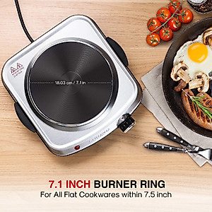 SUNAVO 1500W Hot Plates for Cooking, Electric Single Burner with Handles, 6 Power Levels Stainless Steel Hot Plate for Kitchen Camping RV and More Silver