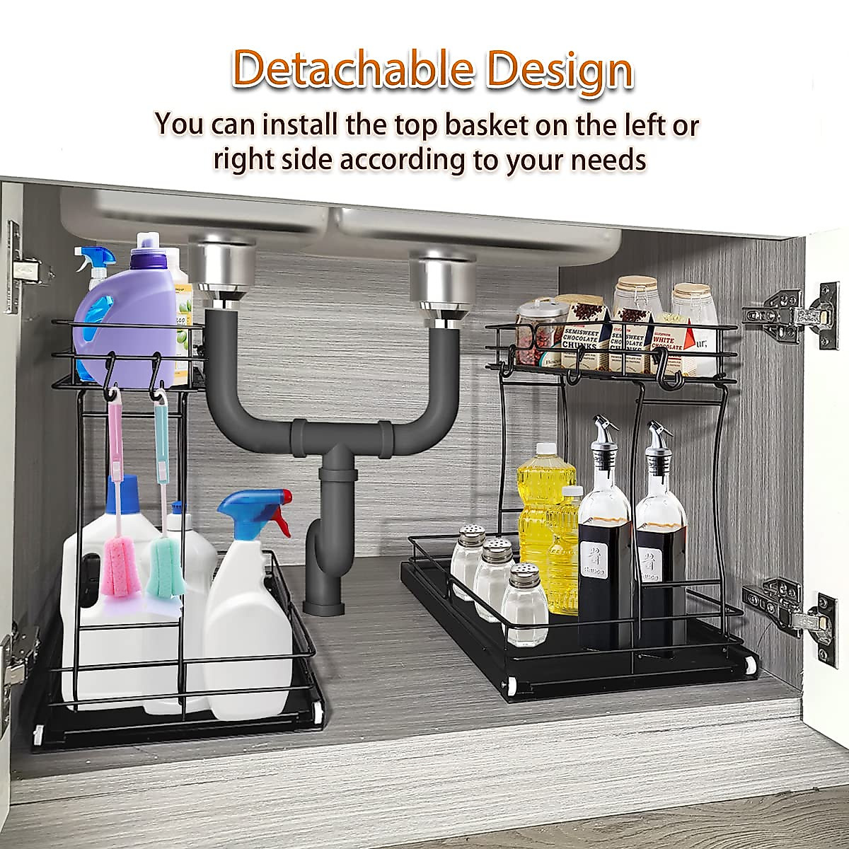 JIKEXINGMENG 2-Tier Under Sink Organizer with Slide-Out Shelves - Easy-to-Install Metal Storage Basket Drawer - Ideal for Kitchen, Bathroom, and Pantry Cabinets - Fits 11-Inch Cabinet Opening