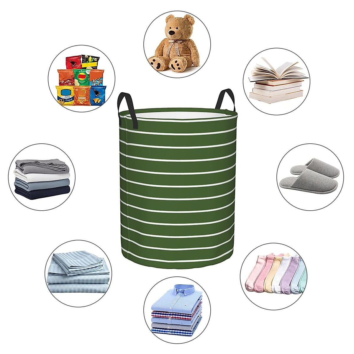 Large Laundry Basket, Olive Green and White Stripes Geometric Pattern Laundry Hamper Bag 19.6" Collapsible Washing Bin With Handles for College Dorm, Family Essentials Storage