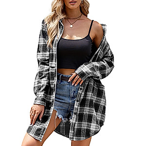HOTOUCH Womens Flannel Plaid Shirts Roll Up Long Sleeve Pockets Mid-Long Casual Boyfriend Shirts Black and White L