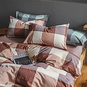NSNLGSGC Khaki Plaid Cotton Duvet Cover Set Twin, Rust Buffalo Checkered Washed Cotton Bedding Set,Caramel Plaid Durable & Breathable Comforter Cover Set(2PCS, Twin)