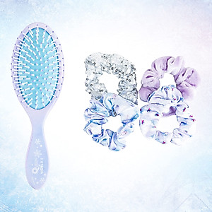Frozen Princess Elsa Hair Accessory 5 Pcs Set - 1 Regular 9 inch Frozen Hairbrush & 4 Frozen Scrunchies - Detangling Brush & Elastic Hair Ties Ropes for Girls, Ages 3+