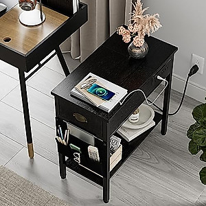 23 " Black End Side Table Living Room with Charging Station,Narrow Couch Table With Storage Drawers/USB Ports/Outlets, Flip Top Bedside Tables Night Stand Furniture for Bedroom Office Small Spaces