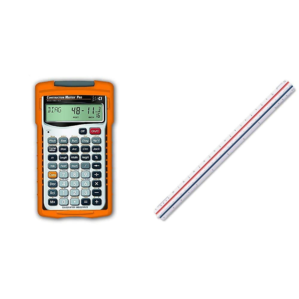 Calculated Industries Construction Master Pro Advanced Construction Math Feet-inch-Fraction Calculator + Staedtler 12-Inches Architect Triangular Scale Bundle