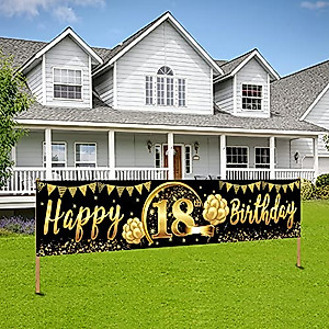 18th Birthday Banner Decorations for Men Girls, Black Gold Happy 18th Birthday Party Supplies, 18 Birthday Party Decor Sign