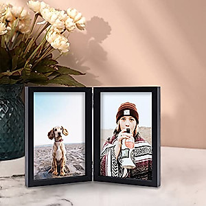 4x6 Double Picture Frame Wooden Hinged Photo Frame Definition Glass Stand Vertically on Desktop or Tabletop Black