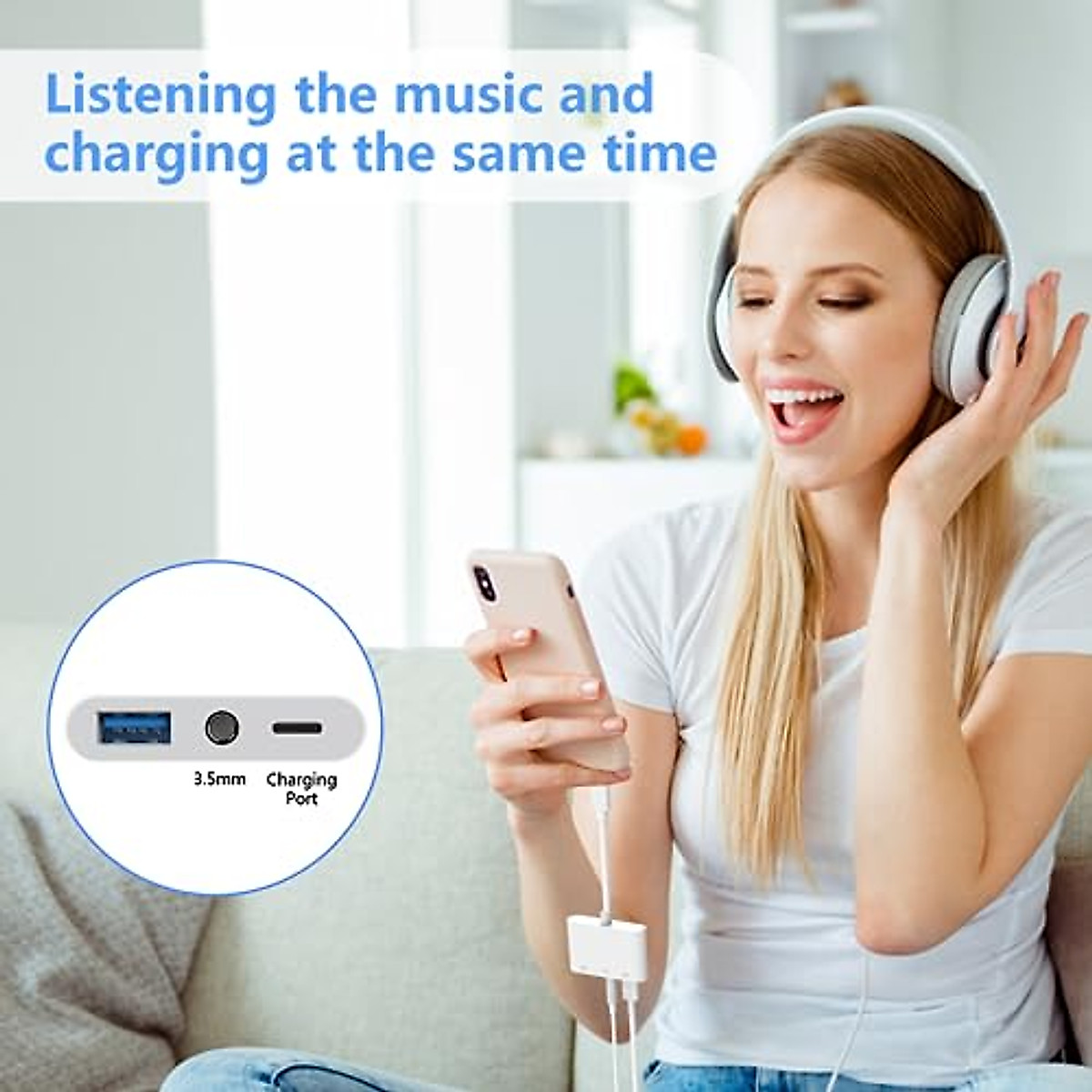 USB + 3.5mm AUX Adapter for iPhone/iPad, USB Camera Adapter and 3.5mm Headphone Audio Jack Adapter with iPhone Charger Splitter, 3 in 1 USB OTG Adapter for iPhone iPad,USB Flash Drive, Keyboard, Mouse